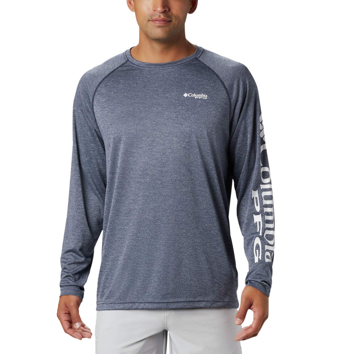Columbia Men's PFG Terminal Tackle⢠Heather Long Sleeve Shirt,Collegiate Navy Heather/White Logo,X-Large