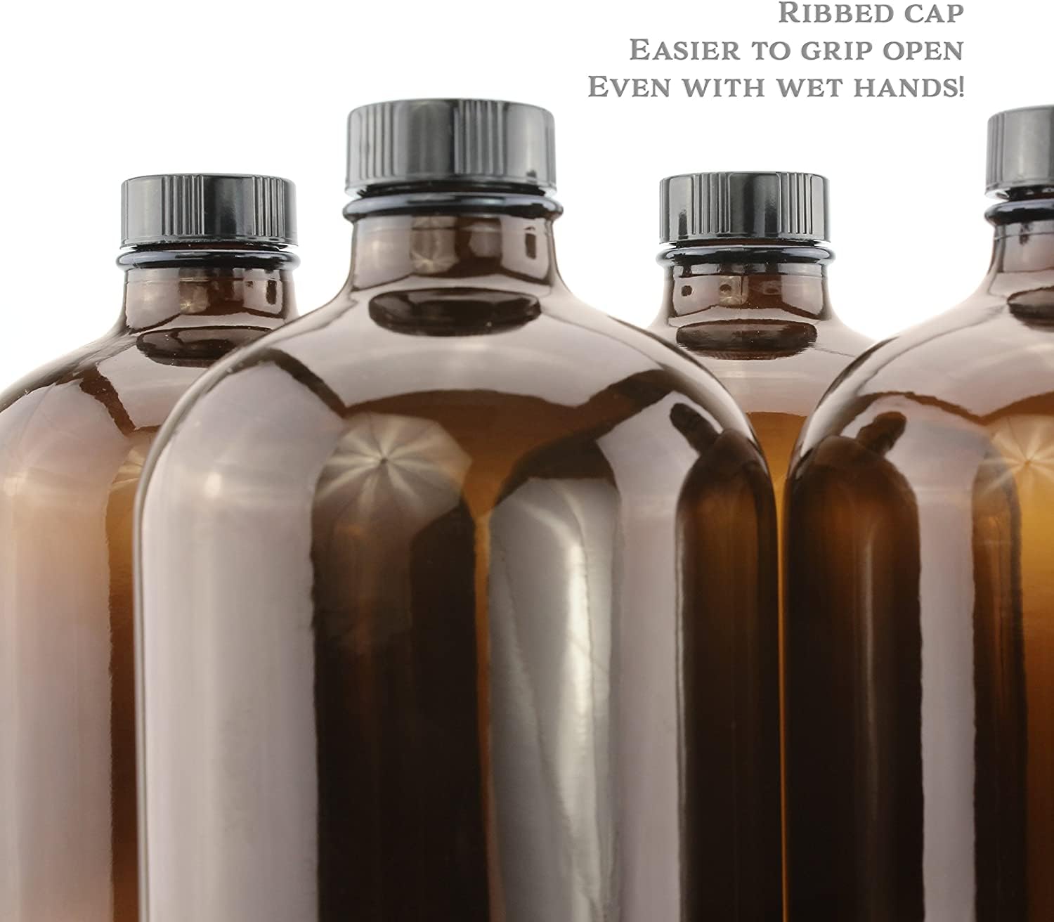 Cornucopia 32-Ounce Amber Kombucha Growler Bottles, 4-Pack, 1 Quart Boston Round Glass Bottles with 6 Polycone Phenolic Lids for Home Brewing