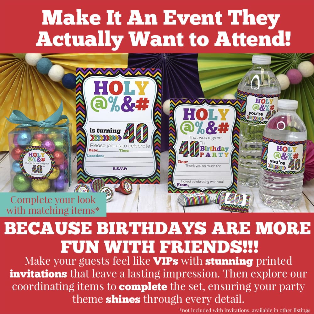 HOLY @% 40th Birthday Party Invitations, 20 Funny 5x7 Fill In Cards with Twenty White Envelopes for Milestone Birthdays by AmandaCreation