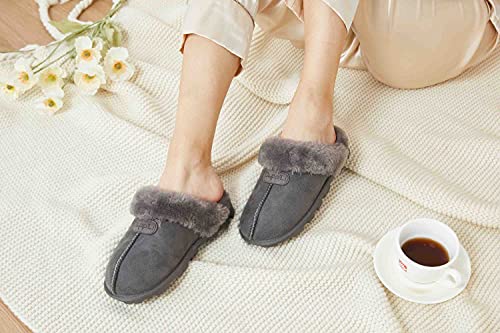 CLPP'LI Womens Slip on Faux Fur Warm Winter Mules Fluffy Suede Comfy Slippers-Grey-8