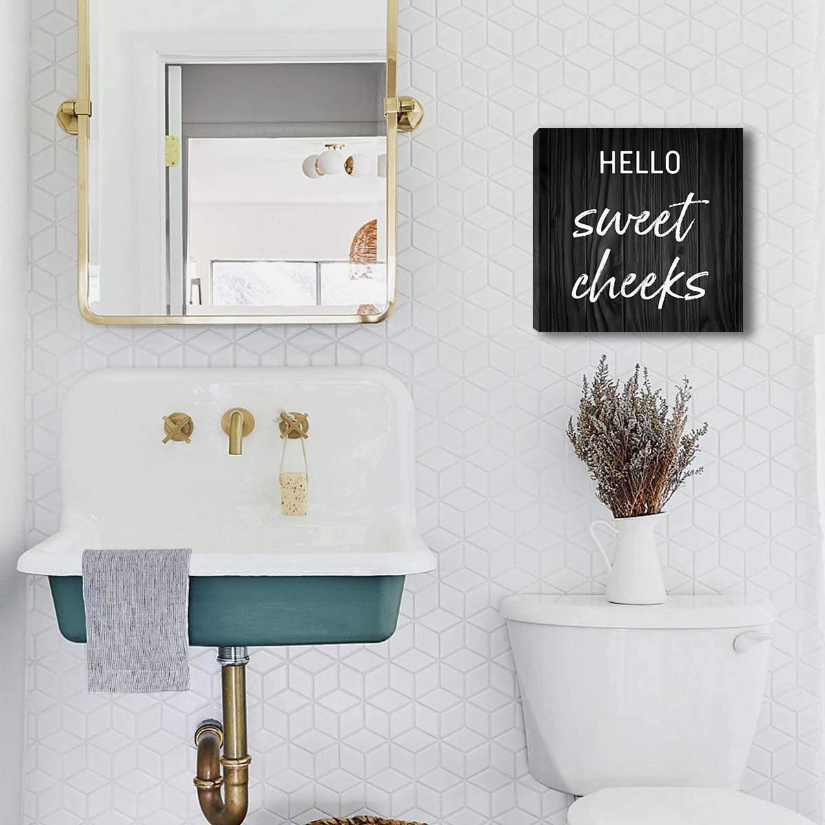 Cute & Funny Wall Bathroom Decor - Hello Sweet Cheeks - Black canvas Sign - 12×12in×1pcs