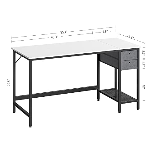 Cubiker Computer Home Office Desk with Drawers, 55 Inch Small Desk Study Writing Table, Modern Simple PC Desk, White