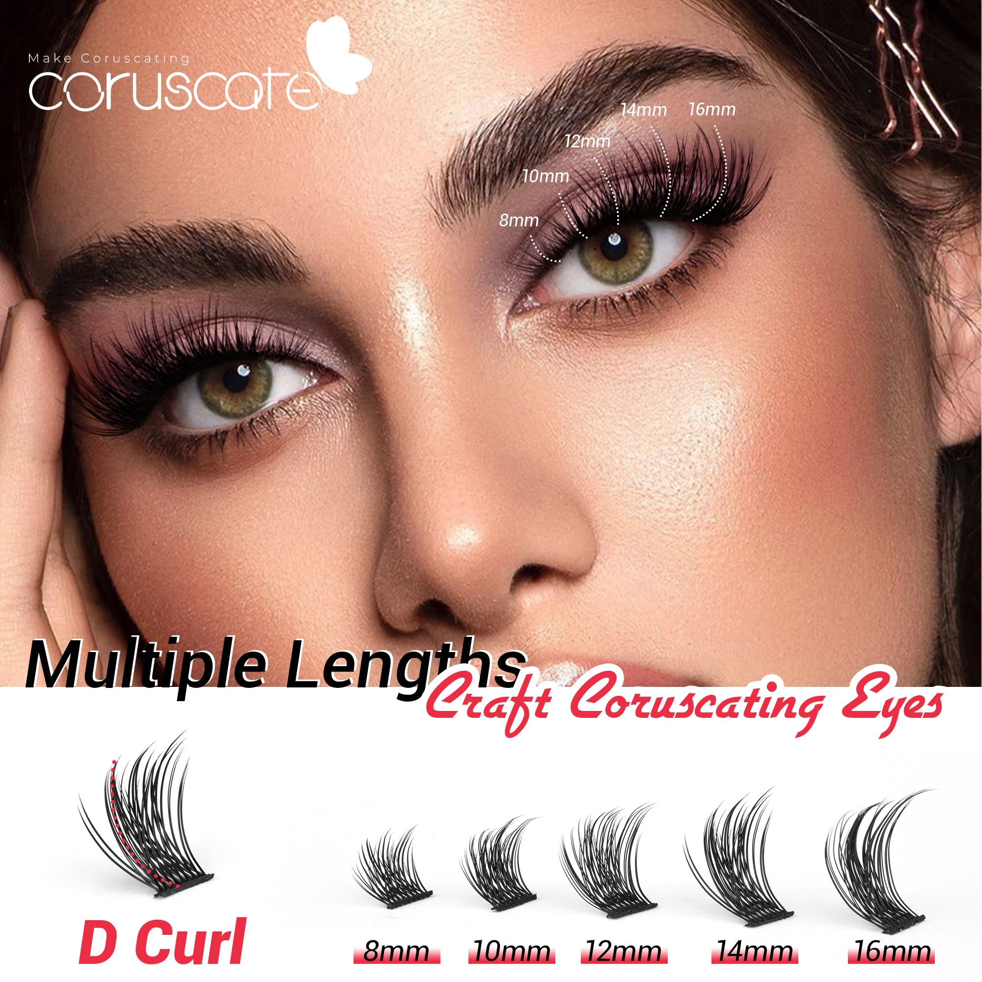 CORUSCATE DIY Lash Extension Kit Clusters 144pcs Eyelash Kit, 8-16mm D Curl Individual Lashes Wispy with Bond and Seal Applicator for at Home (KIT-D-8-16)
