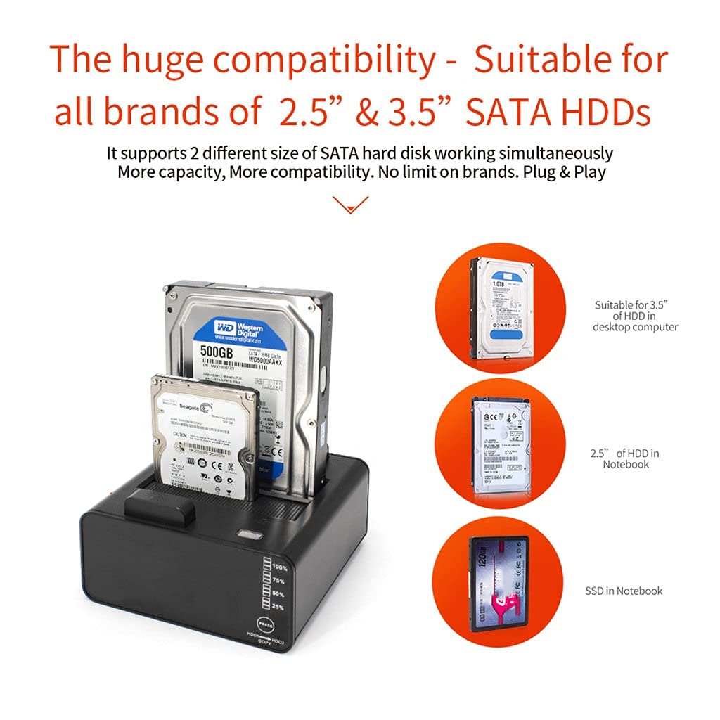 FZZDP Dual Bay Hard Drive Docking Station USB 3.0 to 2.5/3.5inch SATA Hard Disk Case Dual Bay HDD SSD