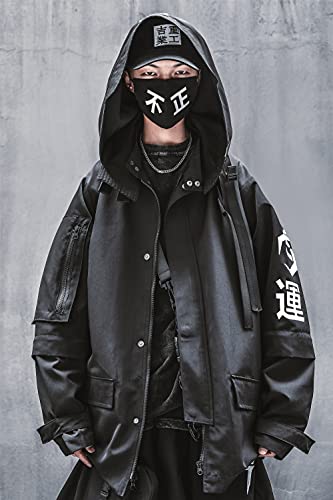 Niepce Inc Japanese Streetwear Zip Up Windbreaker Jacket for Men (Black2, XL)