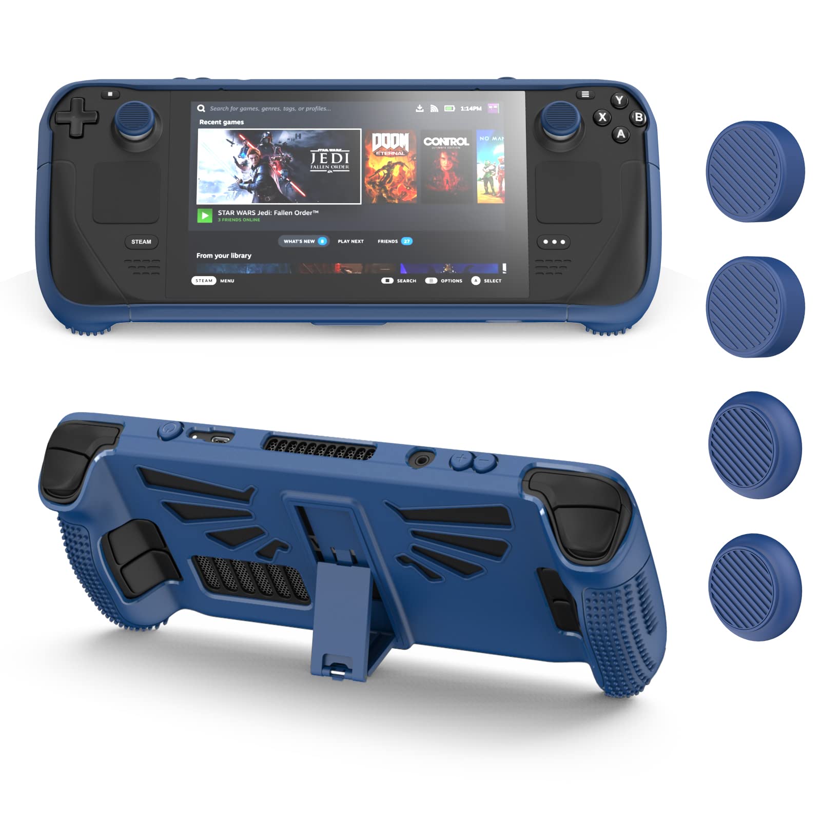 FREEOL Kickstand Protective Case for Steam Deck, TPU Adjustable Stand Base Cover Case with 4 Rocker Caps, shock-absorbing, anti-skid, anti-scratch functional protective cover for Steam Deck- Blue