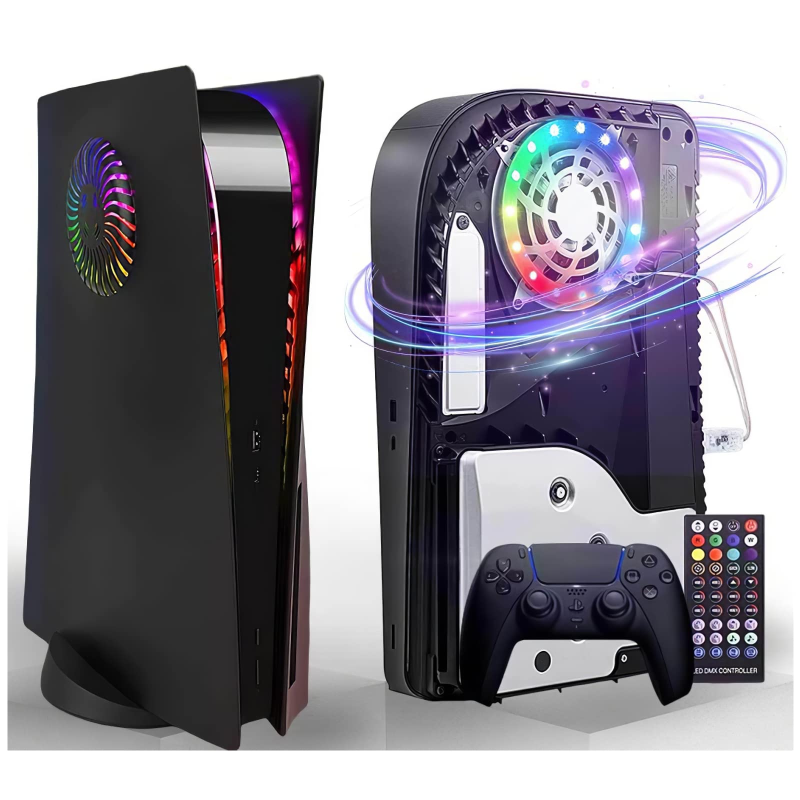 Face Plates with RGB LED Light Strip and Cooling Vents for PS5 Disc Edition, Cover Shell Faceplates for PlayStation 5 Console Replacement Panel, 400+ Effects Light (Black)