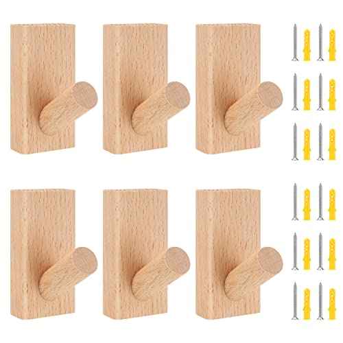 Laelr 6 Pack Wood Wall Hooks Wood Coat Hooks Wall Mounted Rustic Wooden Wall Hooks with 12 Screws Heavy Duty Wall Hanger Robe Hook for Hanging Coats Backpacks Hats Scarf Clothes Towels Bags 11-22lbs