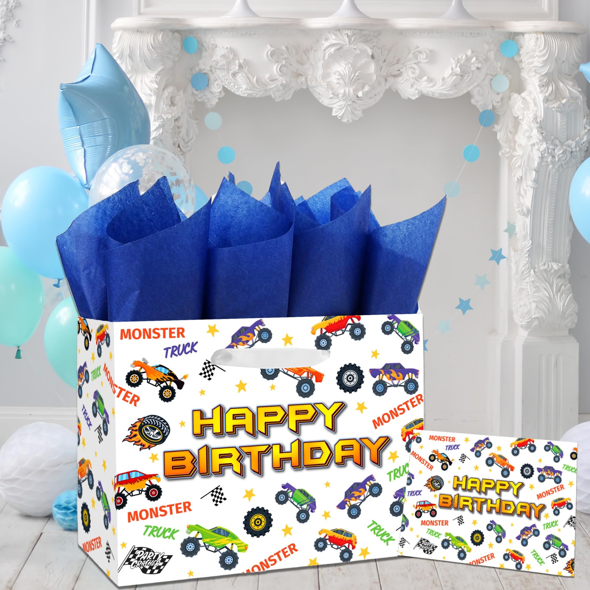 Generic Large 13"" Monster Truck Birthday Gift Bag with Handles, Card, and Tissue Paper for Boys, Car Themed