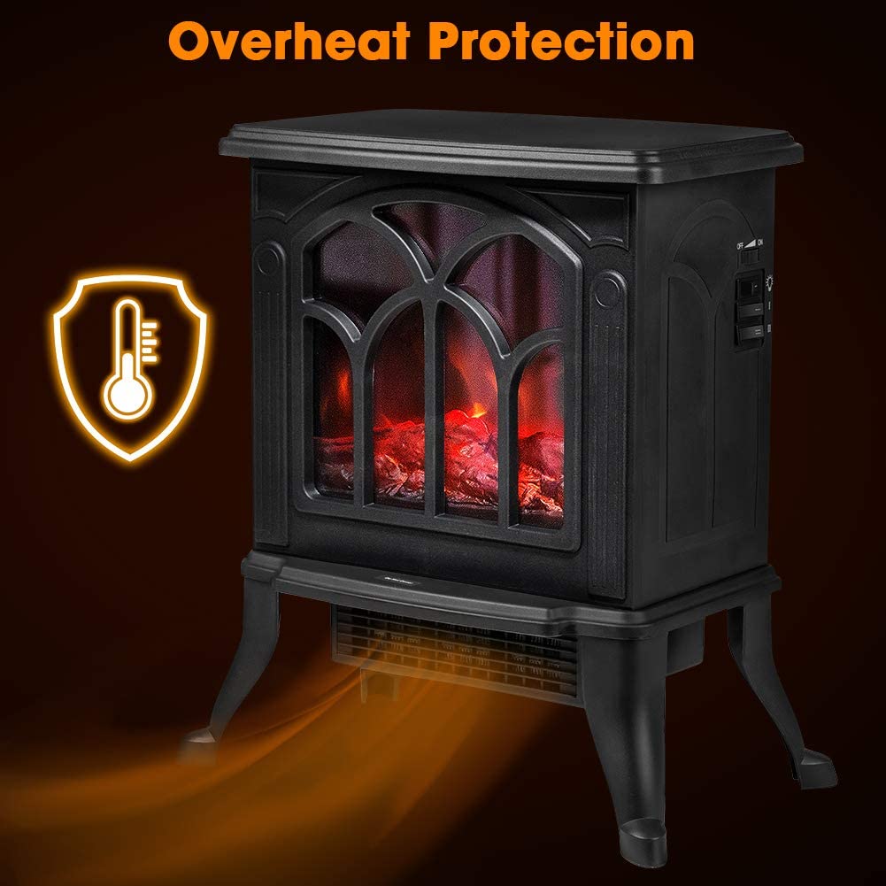 Electric Fireplace Heater, Space Heater for Indoor Use, Portable Fireplace Heater with Realistic Flame Effect, Retro Style Small Room Heater, Overheat Protection, (Black, 17INCH)