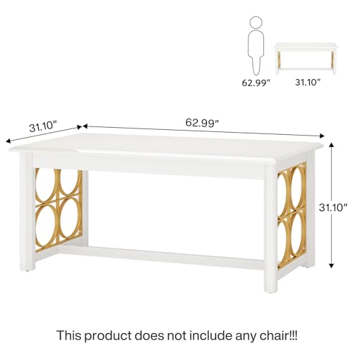 LITTLE TREE 63-inch White Executive Desk, Modern Office Desk with Stable Gold Metal Legs, Large Office Computer Desk, Home Office Business Furniture, Glossy White