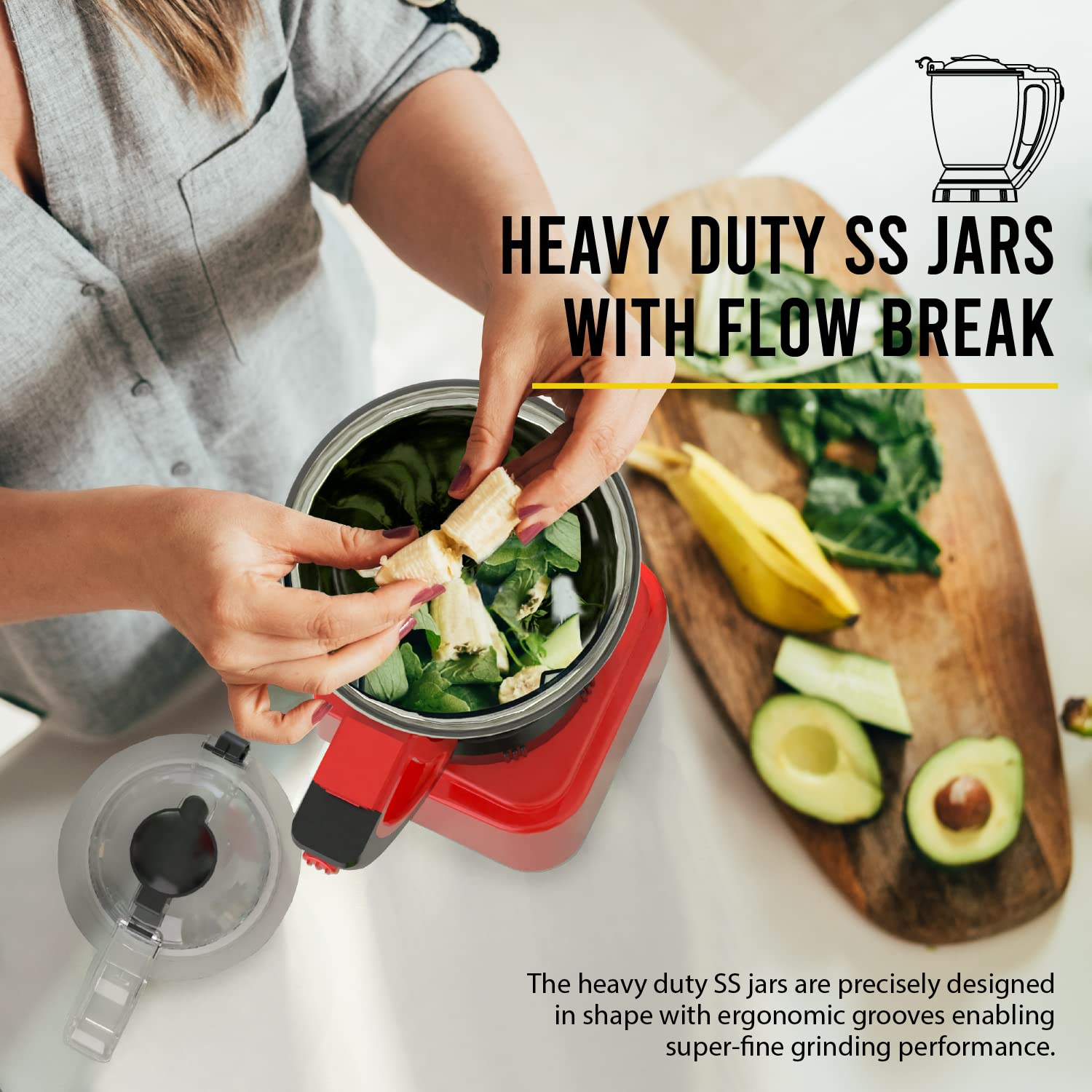 EconoHome Mixer Grinder - Electric Mixer Grinder for Asian Cooking, Food Prep - Includes Liquidizing Jar, Dry & Wet Grinder Jar, Chutney Jar, Lids & Spatula - 750W Motor, Stainless Steel 304 Blades