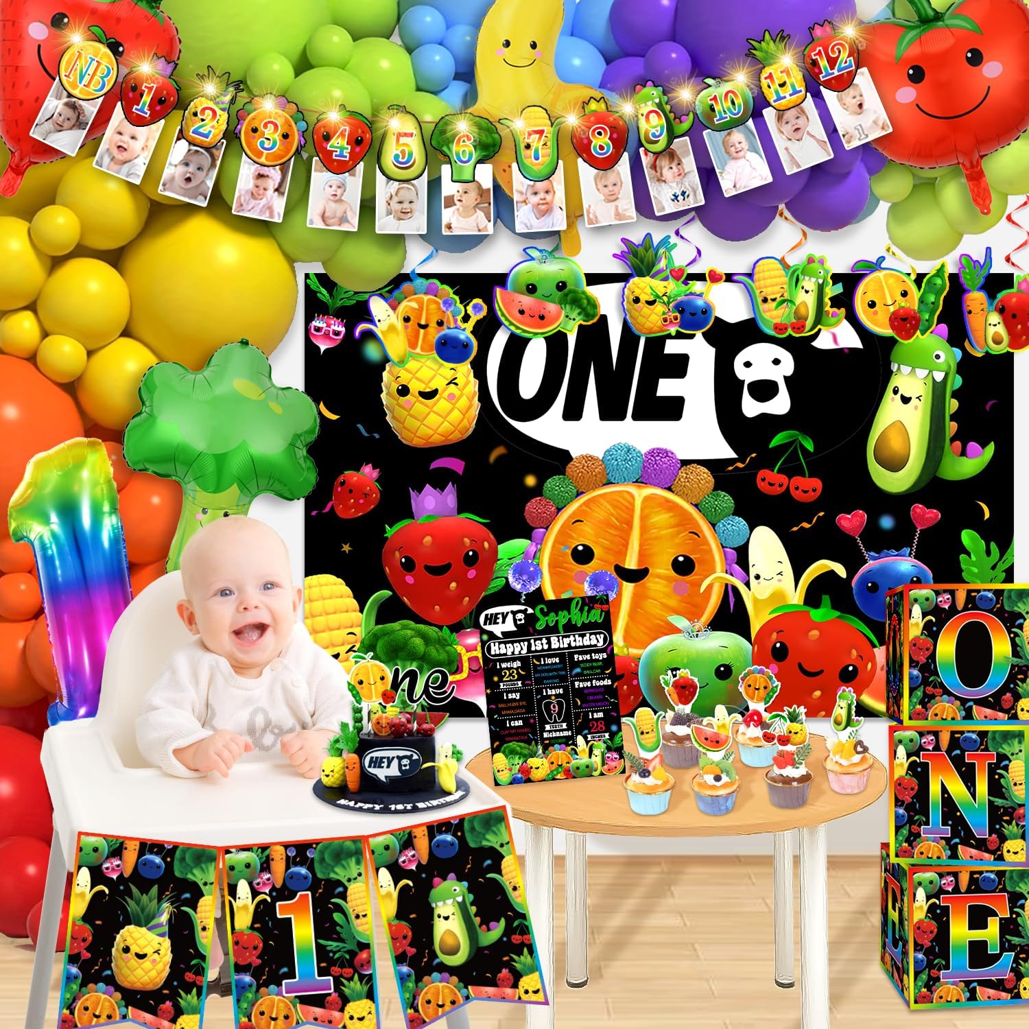 Generic 124pcs Fruit 1st Birthday Decorations, Dancing Fruit 1st Birthday Decorations Fruit Party Decorations Swirls Banner cupcake topper Backdrop Fruit Balloons Arch Set for Baby