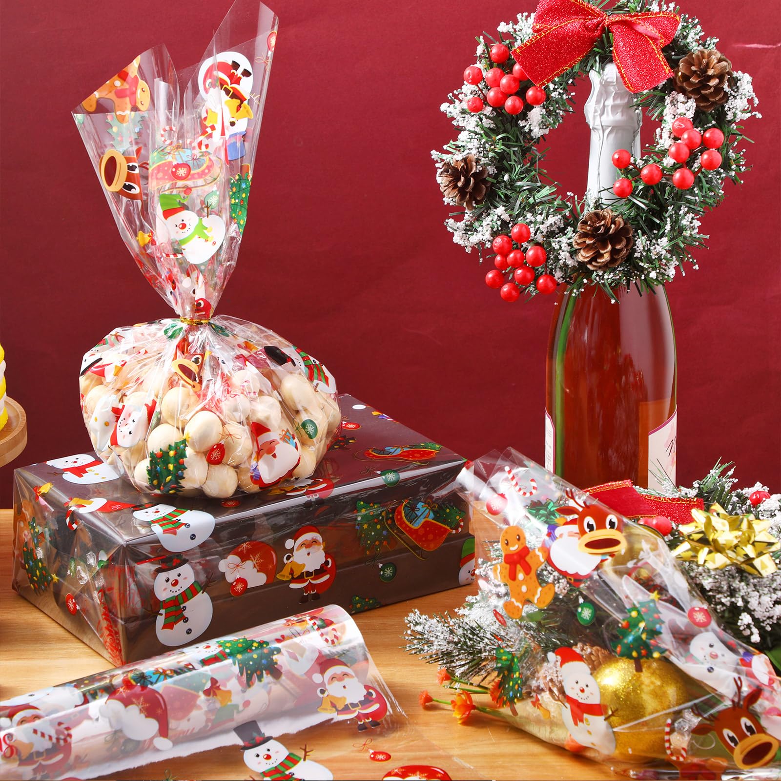 Christmas Cellophane Wrapping Paper 100 ft x 16 Inch 2.5 Mil Thick Cello Wrap Roll Crystal Clear Xmas Tree Santa Paper Wrapper Snowman Cellophane Gift Wrap for Treat Small Basket Craft Holiday