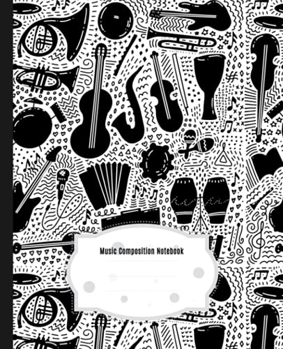 Music On Black Composition Notebook: Beautiful Wide Blank Lined Workbook for Kids Girls Boys Students Teens Home School and College