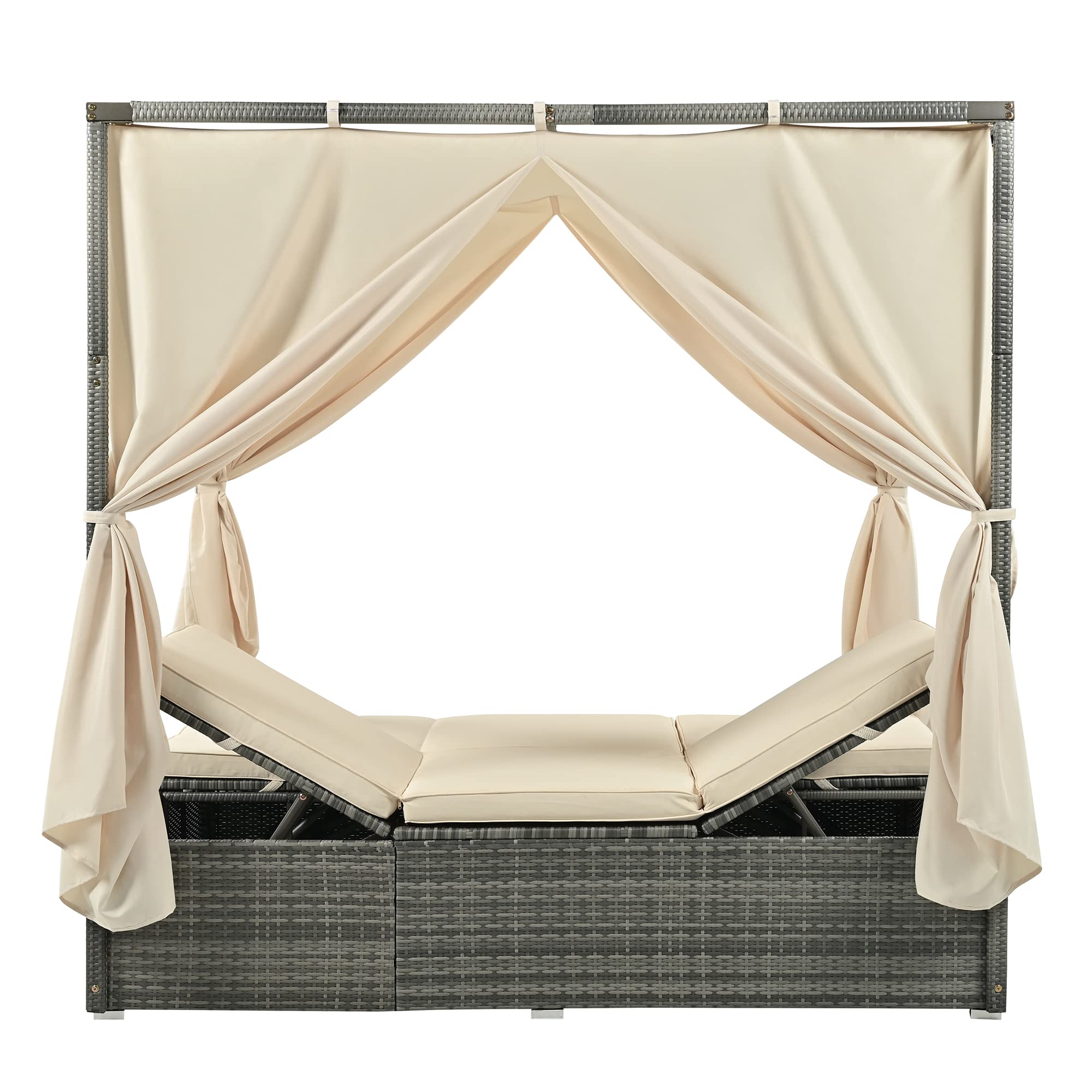 Patio Chaise Lounge, PE Rattan Outdoor Patio Wicker Sunbed Daybed with Adjustable Seats, Four-sided Canopy, Overhead Curtain and Beige Cushions for Backyard, Garden, Poolside (for 2-6 people)