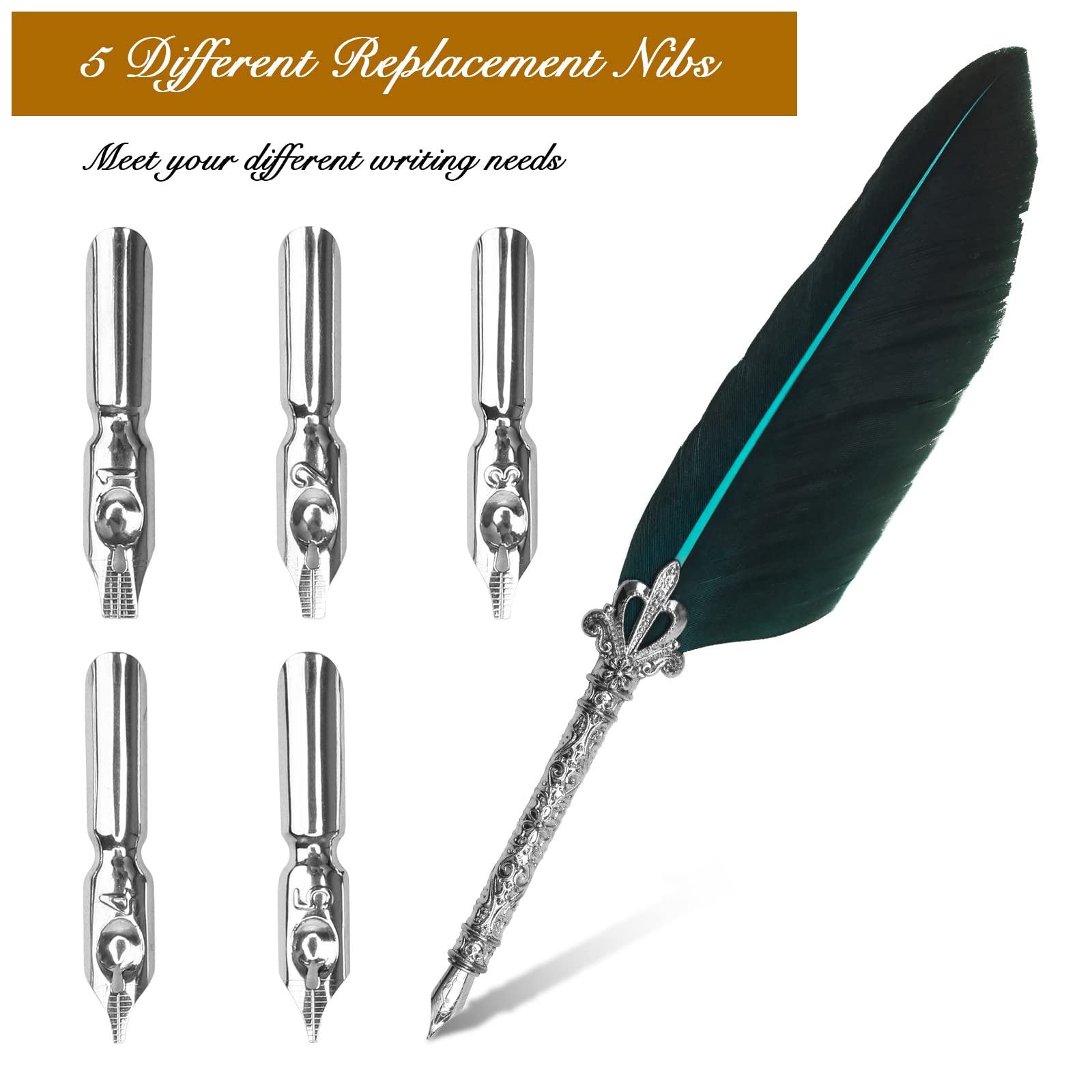 Coitak Feather Pen Quill Pen Dip Pen With 5 Replacement Nibs Writing Paper Calligraphy Pen Ink Set