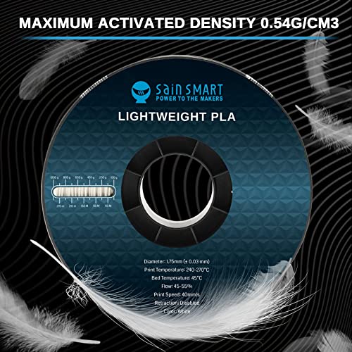 SainSmart Light Weight Filament 1.75mm, LW-PLA Low-Density Active Foaming 3D Printer Filament for RC Planes Drone Parts and Cosplay, White PLA Filament, 1KG