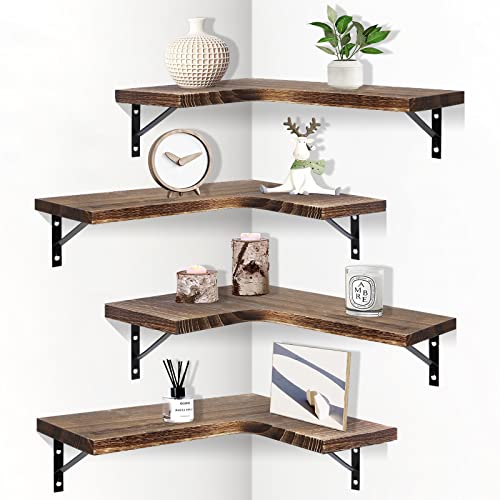 luium Corner Shelf Wall Mounted Set of 4, Rustic Natural Wood Display Storage Wall Shelves Bathroom, Bedroom, Kitchen, Living Room, Farmhouse, Floating Shelves for Wall Storage & Decor & Display