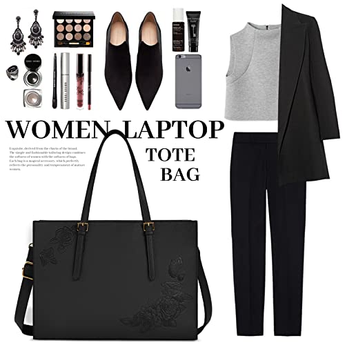 Laptop Bag for Women 15.6 Inch Laptop Tote Bag Leather Waterproof Work Bags Professional Business Office Computer Briefcase Large Capacity Shoulder Bag Black