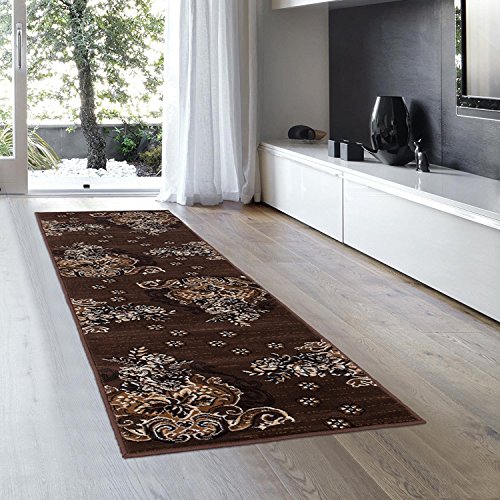 CHAMPION RUGS Floral Abstract Modern Contemporary Flower Pattern Design Area Rug Chocolate Brown Black Gold and Beige (2 Feet X 7 Feet Runner)