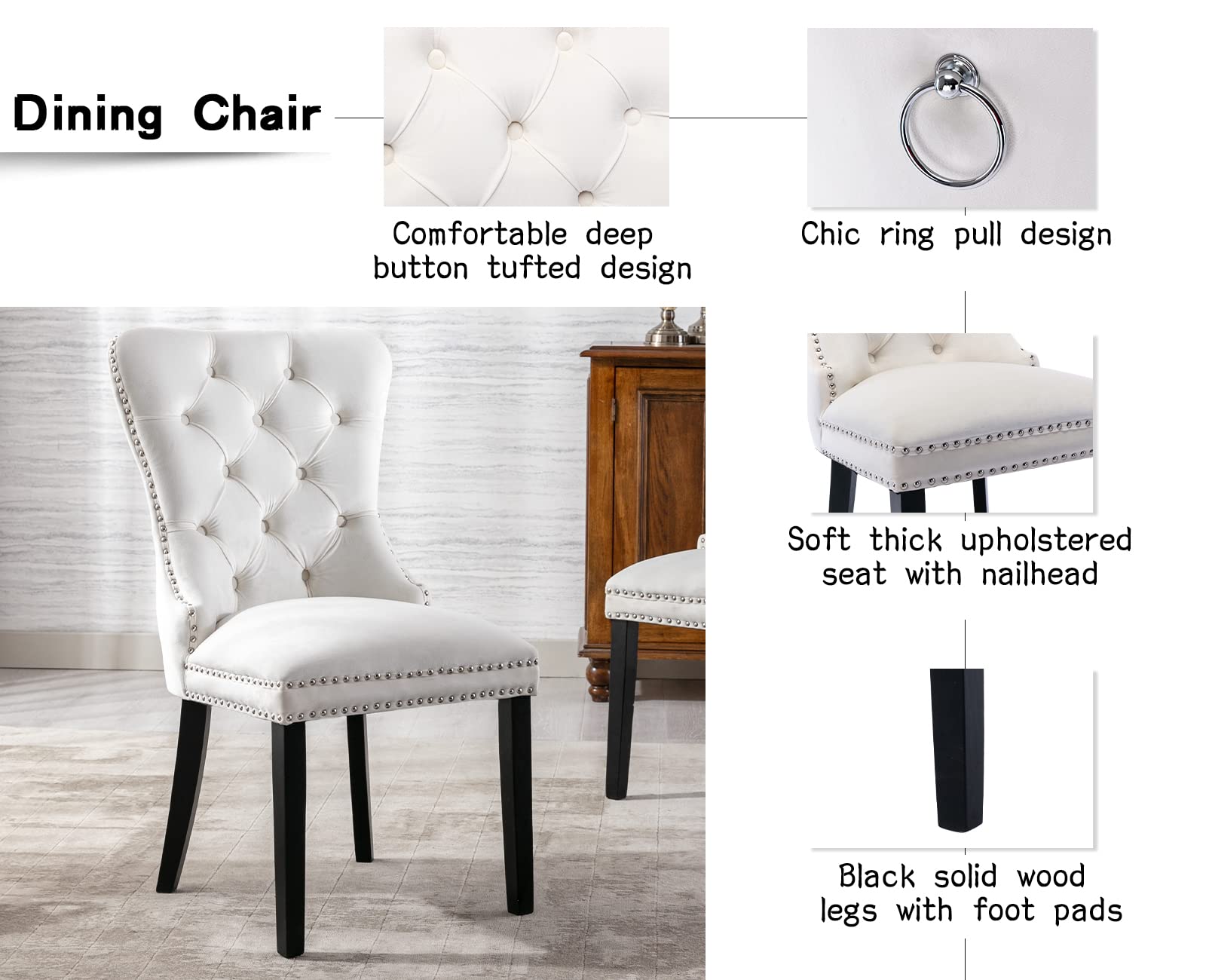 chairus Dining Chairs Set of 4 with Tufted High Back, Velvet Upholstered Dining Room Chairs Modern Elegant Nailhead Trim Ring Pull - Gray 4PCS