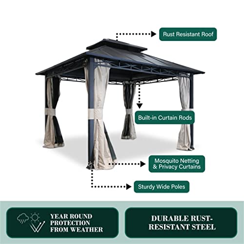 CZDYUF 12 Ft. X 10 Ft. Black 2-Tier Double Roof Metal Hard Top Gazebo with Curtains and Netting