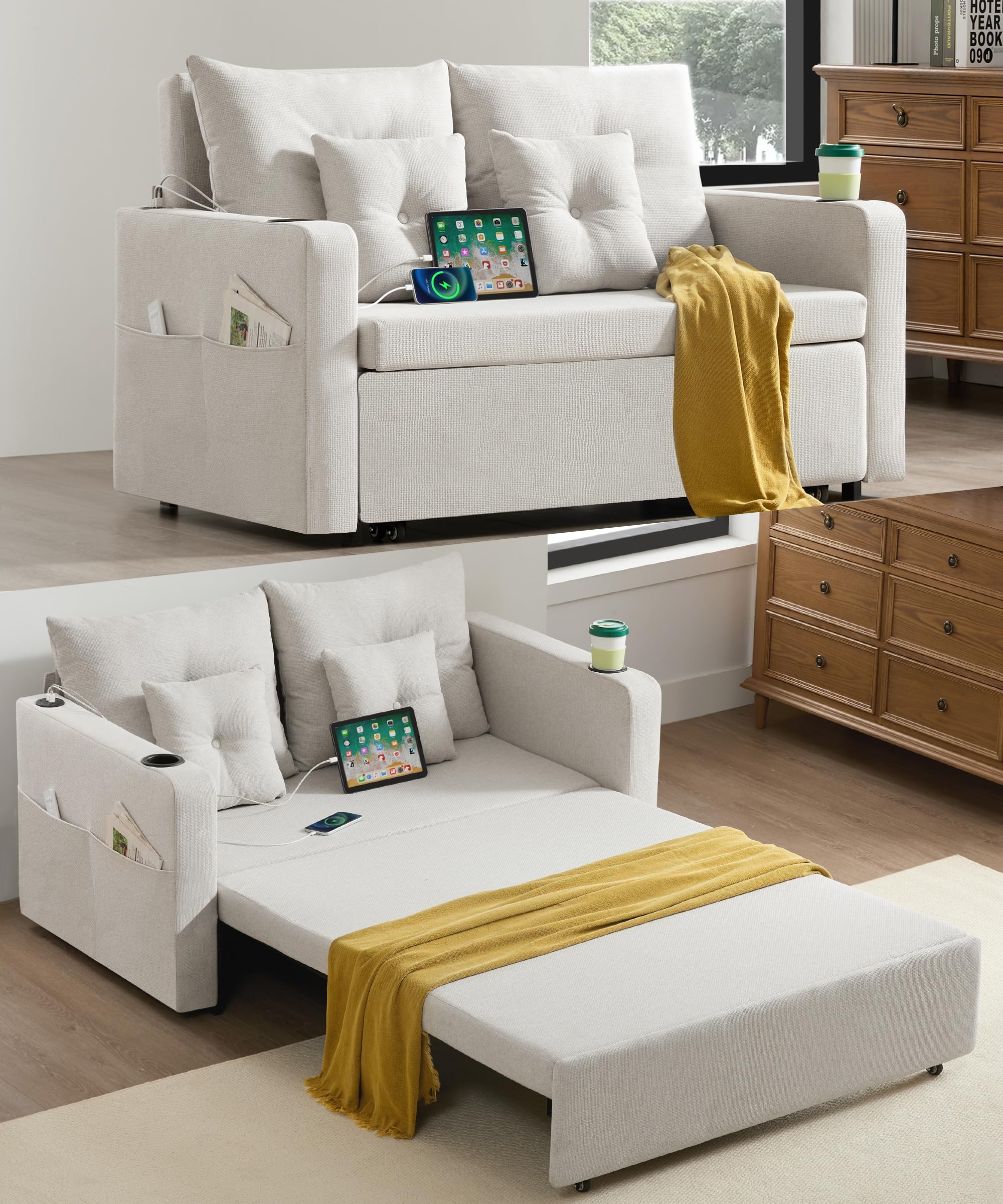 Krcix 3 in 1 Sleeper Sofa Bed, 56 Inch Convertible Loveseat Sofa, Pull Out Couch Bed with Storage Pockets, Cup Holders, USB – Sofa Cama for Living Room, Bedroom, Apartment, Beige