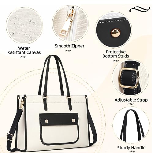 Laptop Bag for Women 15.6 Inch Canvas Tote Bag Water Resistant Large Capacity Work Bags Lightweight Office Briefcase Business Computer Bag Stylish Shoulder Bag Handbag, Black