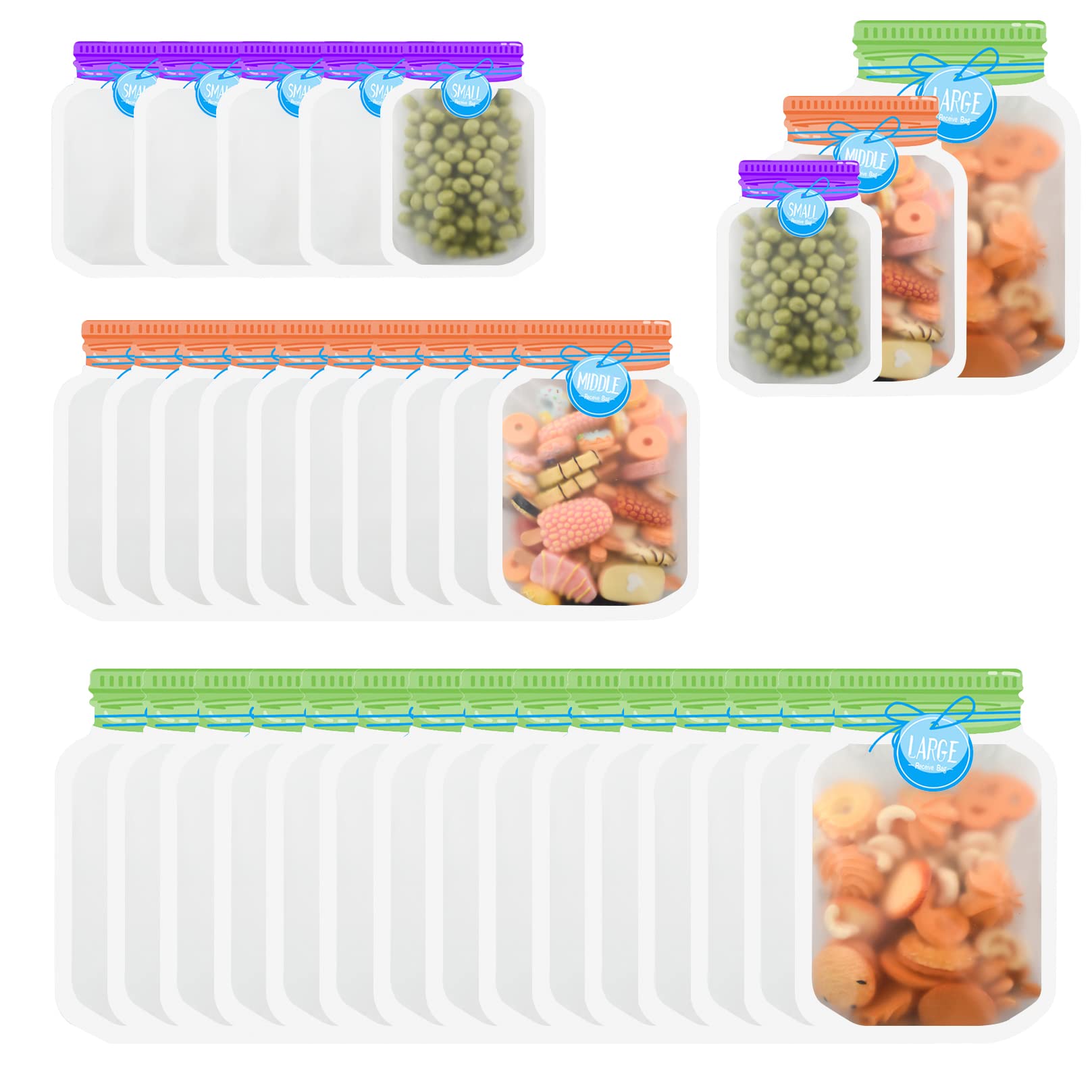 Enkrio 30 Pcs Mason Jar Zipper Bags Reusable Snack Bags Airtight Seal Bags for Kitchen Picnic (5S 10M 15L)