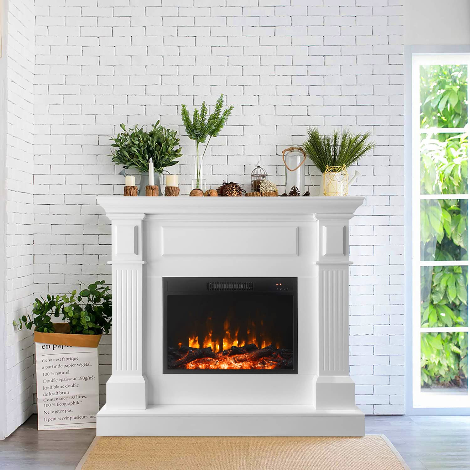 Electric Fireplace with Mantel, Tall Fire Place Heater Freestanding with Remote Control Timer LED Flame for Living Room Bedroom