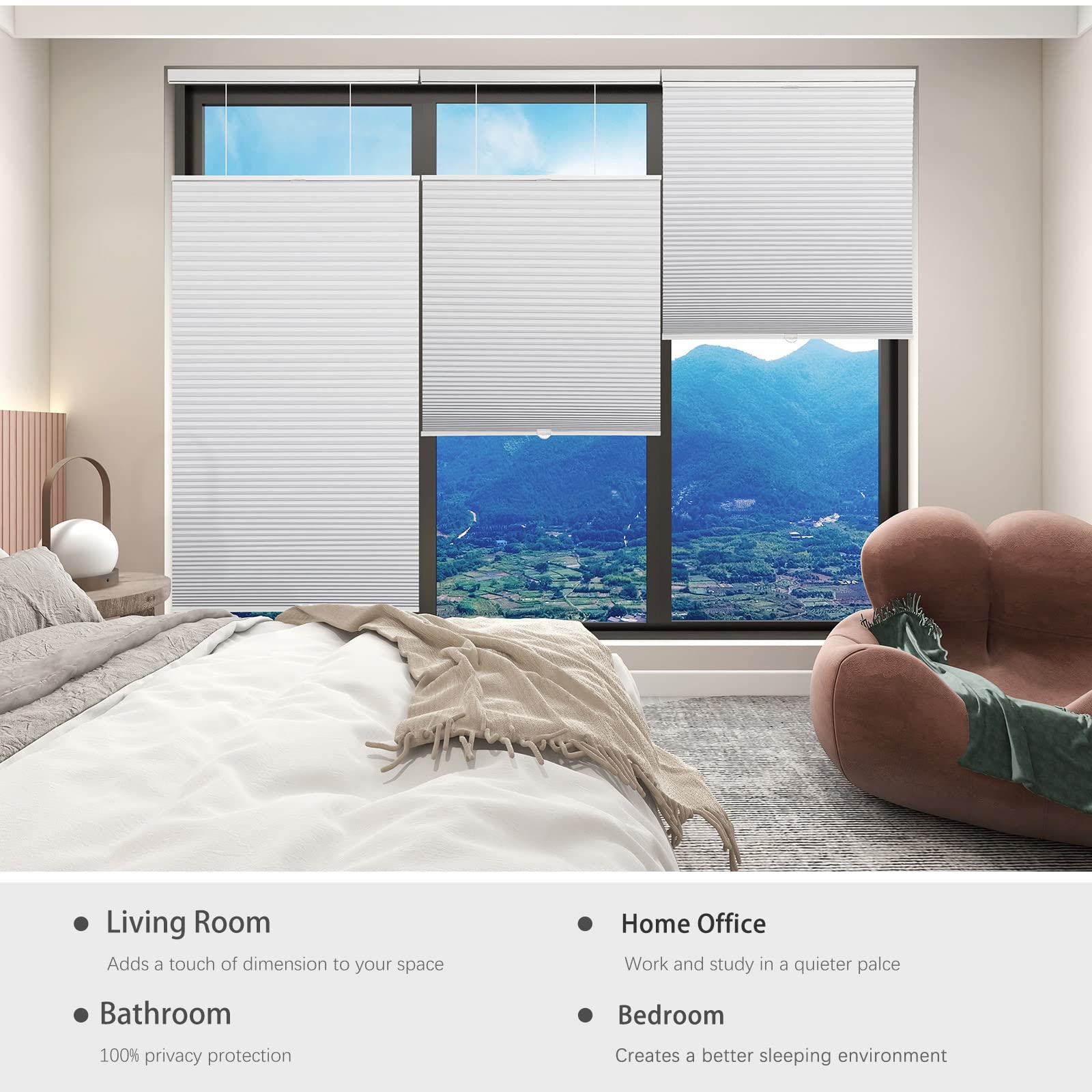 Changshade Custom Top Down Bottom Up Cellular Shades Cordless Blackout, Honeycomb Blinds Room Darkening Window Shades, 1.5" Cell Pleated for Office,Bedroom, Child, Bathroom, Easy to Install,White