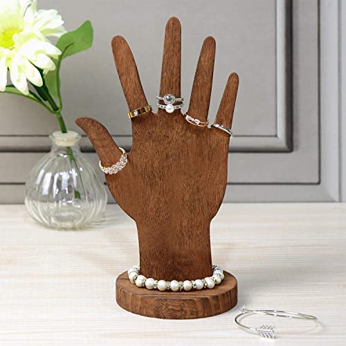 MOOCA 6-Piece Wooden Hand Form Jewelry Display Set - 2-Way Design for Wall Hanging or Standalone Mannequin Finger Hand Display, Brown Color