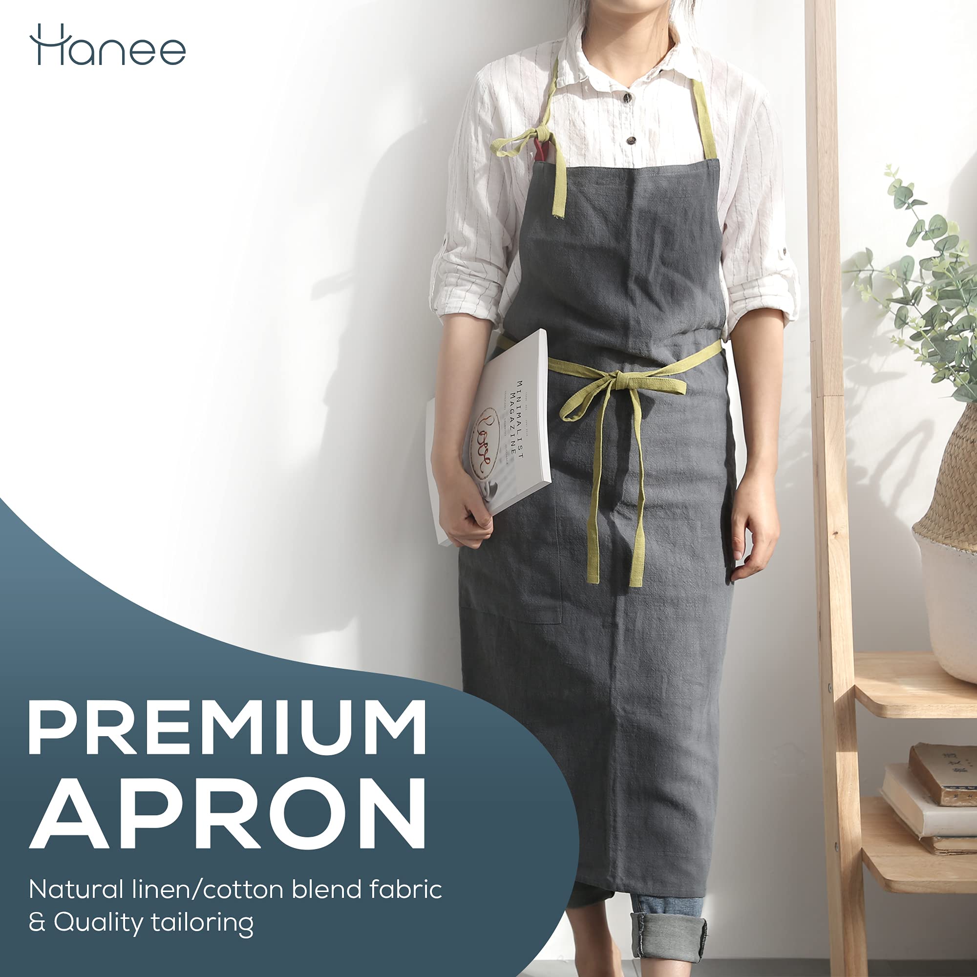 HANEE Kitchen Apron for Women, Men (Dark Gray) Linen Cooking Aprons with pocket