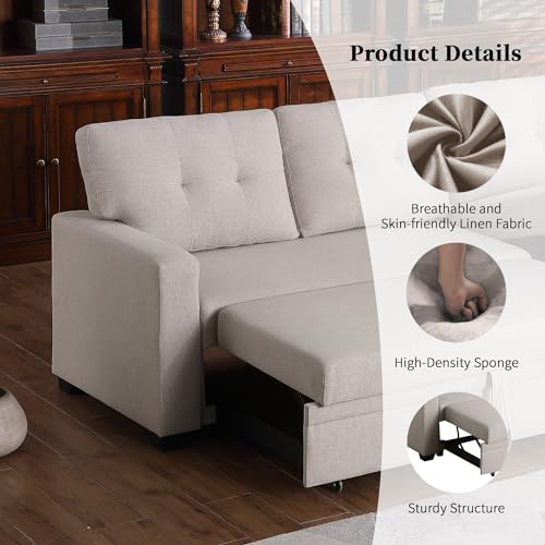 Livavege Convertible Sleeper Sectional Sofa with Pull-Out Couch Bed, L-Shaped Couch w/Storage Chaise, Modern Linen Fabric Corner 3-Seaters Couches for Living Room, Apartment and Small Space