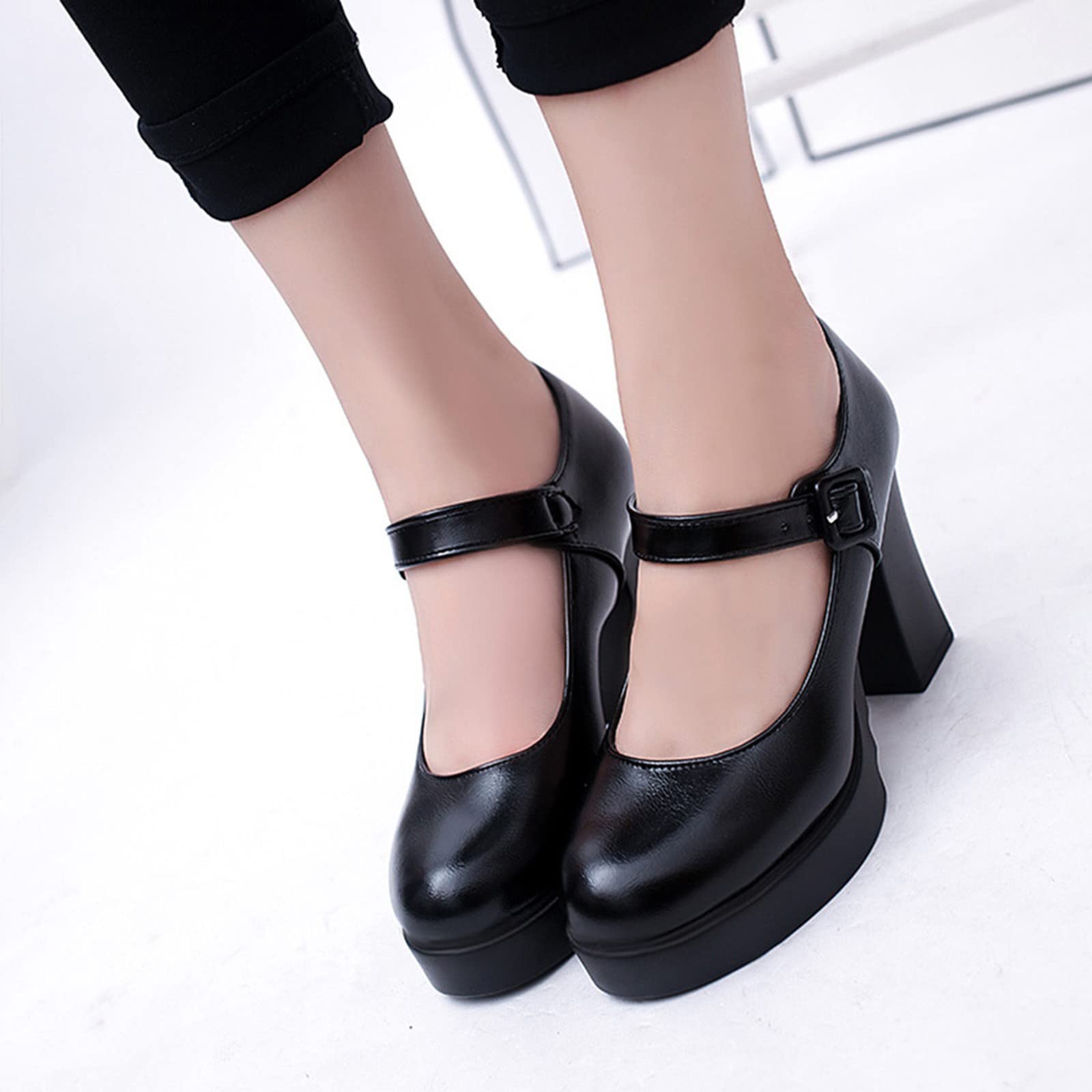 FASDNENDYS Buckle Casual Thick High Shoes Heels Ankle Work Strap Platform Women Heel Pumps Womens Boots That Lace up The Back Black