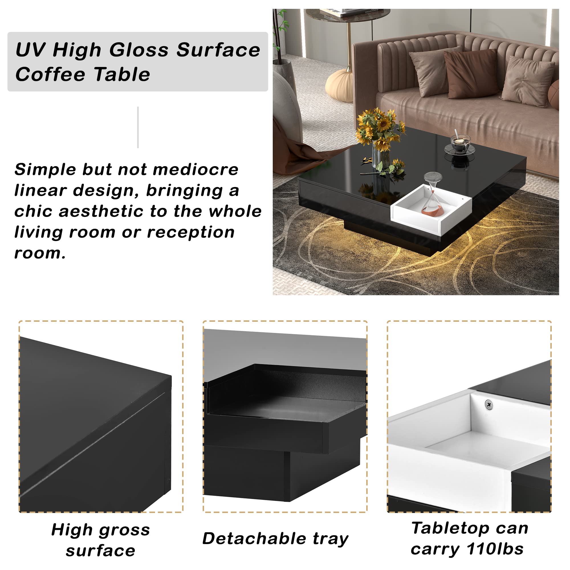 Coffee Table, Modern 2-Tier Rectangle Coffee Table with High-gloss UV Surface, Minimalist Design Coffee Tables for Living Room, Black