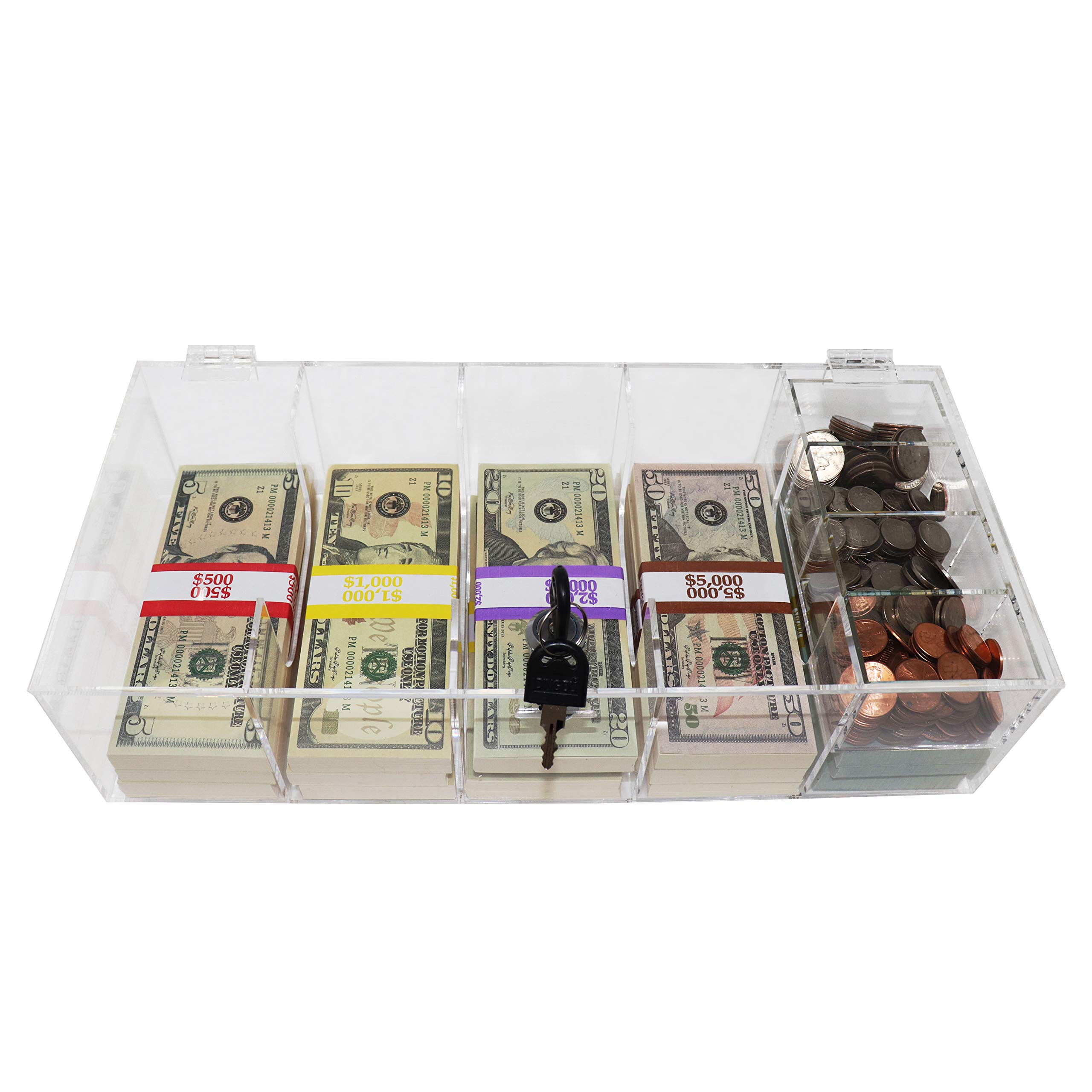 Clear Currency Tray, 5 Compartment Cash Organizer Money Storage Box, 300 Currency Wrappers Included