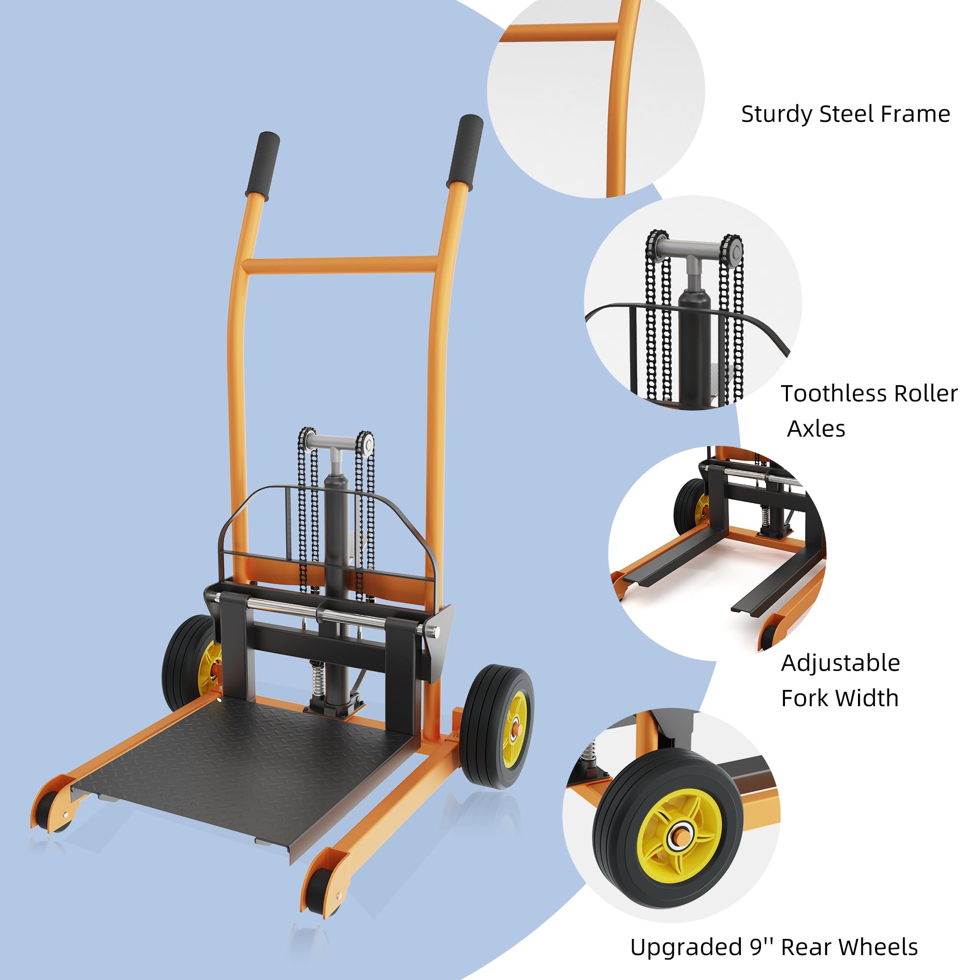 LuminaLiftCure Hydraulic Material Lift Pallet Truck 450 lbs Manual Winch Stacker 39.5" Max Lift Dolly, Pallet Lift Table, 18.5" Fork Length, 9" Polyurethane Wheels