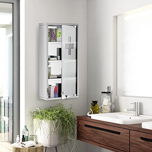 HOMCOM Wall Mounted Medicine Cabinet, Locking Wall Cabinet with 4 Tier Shelves, Stainless Steel Frame and Glass Door, Lockable with 2 Keys, Silver, 12" x 24"