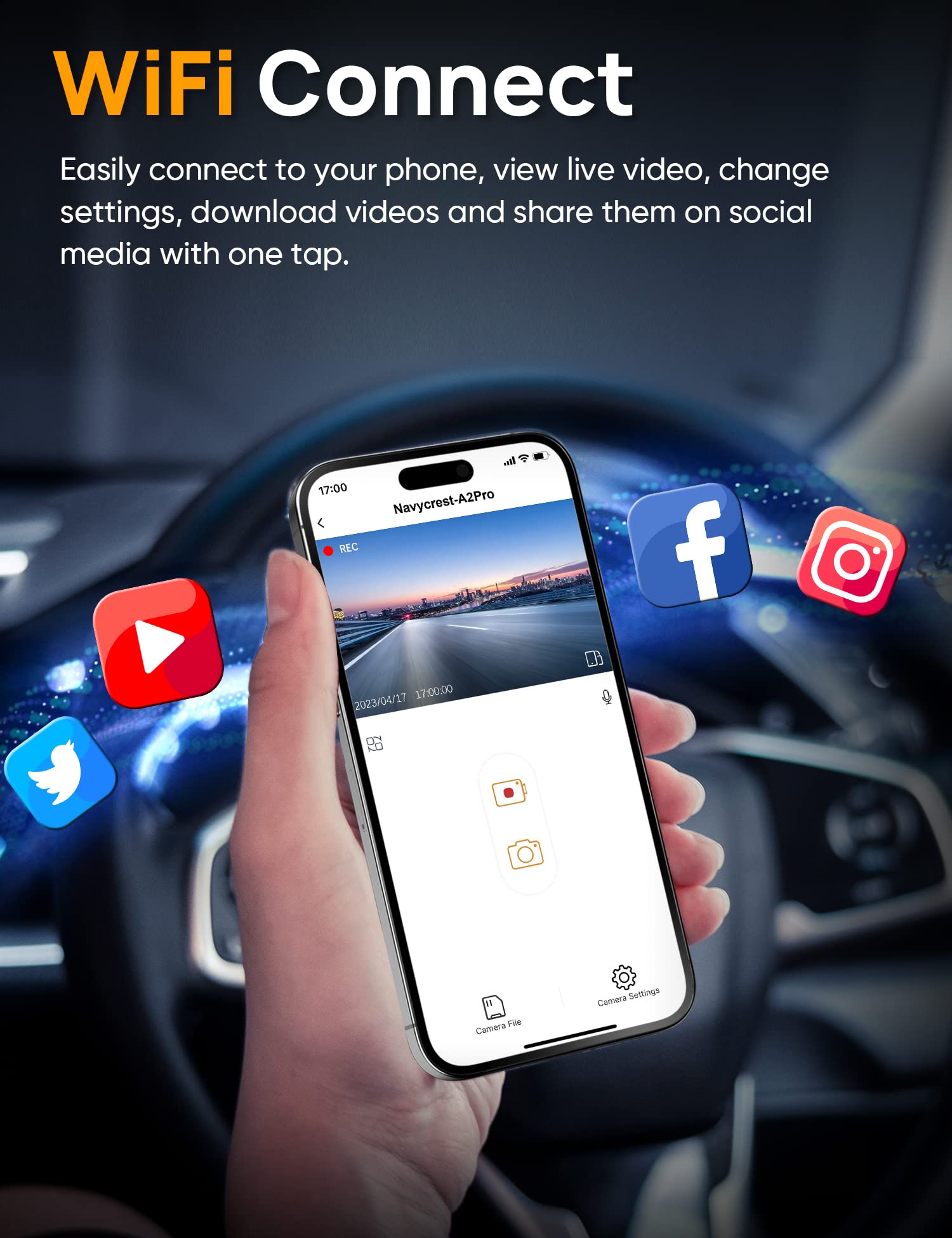 Dash Cam Front and Rear 4K+1080P WiFi Dash Camera for Cars with App, 24 Hours Parking Mode, G-Sensor, Loop Recording, Support 256GB Max