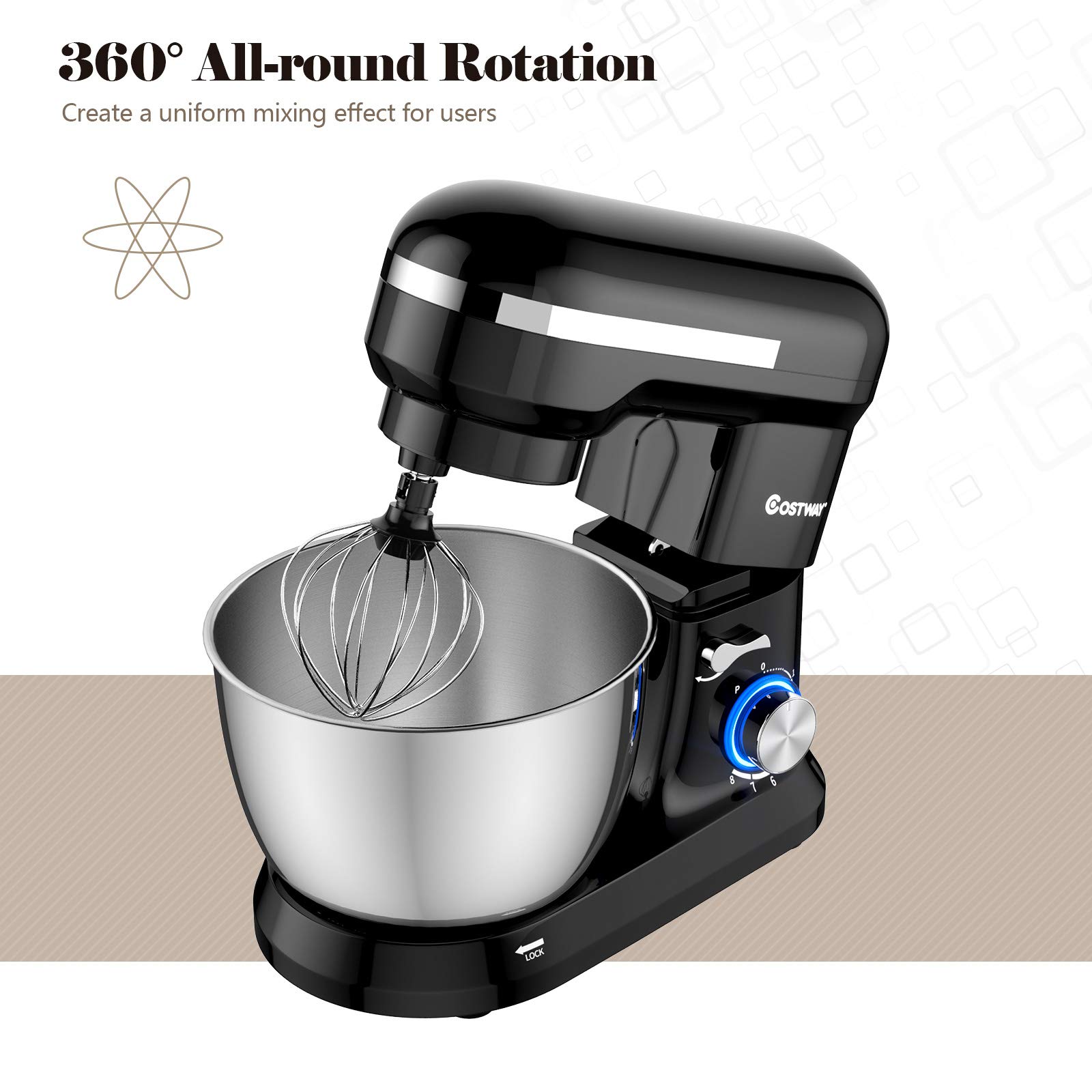 COSTWAY Tilt-Head Stand Mixer, 8-speed Food Mixer with Pulse Function, Multifunctional Kitchen Electric Mixer with Dough Hook, Whisk, Beater, Stainless Steel Bowl & Splash Guard (Black)