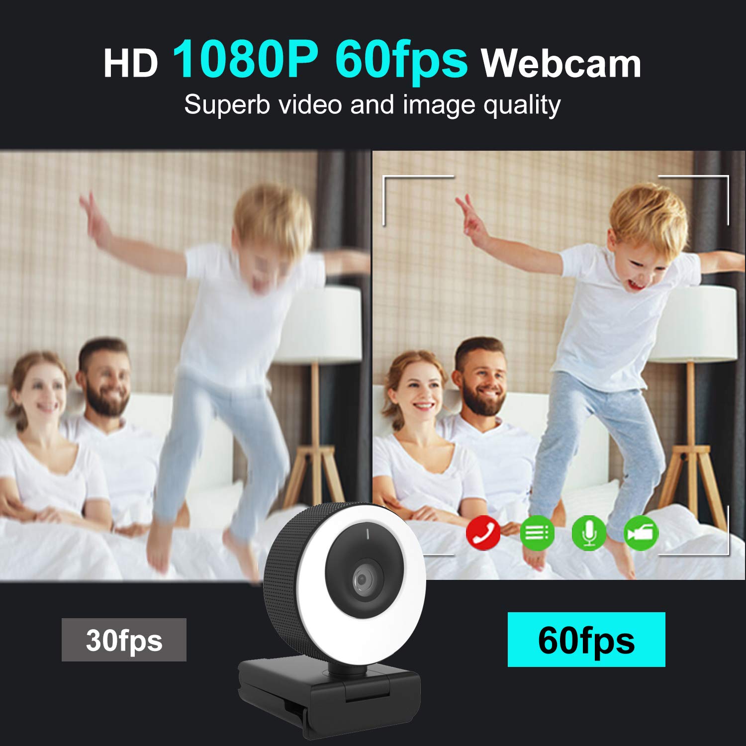 COSHIP 1080P 60FPS Webcam for PC, with Microphone, 2024 Computer Camera with Ring Light, Privacy Cover, Advanced Auto-Focus, Adjustable Brightness, Streaming Web Camera for Zoom Skype