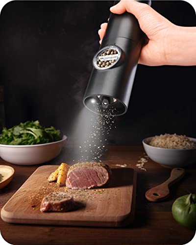 Sangcon Automatic Salt and Pepper Grinder Set, Battery Operated Black Pepper Grinder(without Battery), Kitchen Gadget with White Led Light, Adjustable Coarseness, One-handed Operation, 2 Pack