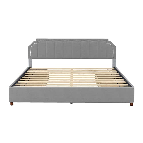 King Szie Storage Upholstered Platform Bed Set with 4 Storage Drawers and Headboard, Solid Wood Velvet Upholstery Platform Bed Bedframe with Storage for Kids Teens, Boys & Girls ,Gray Platform Bed