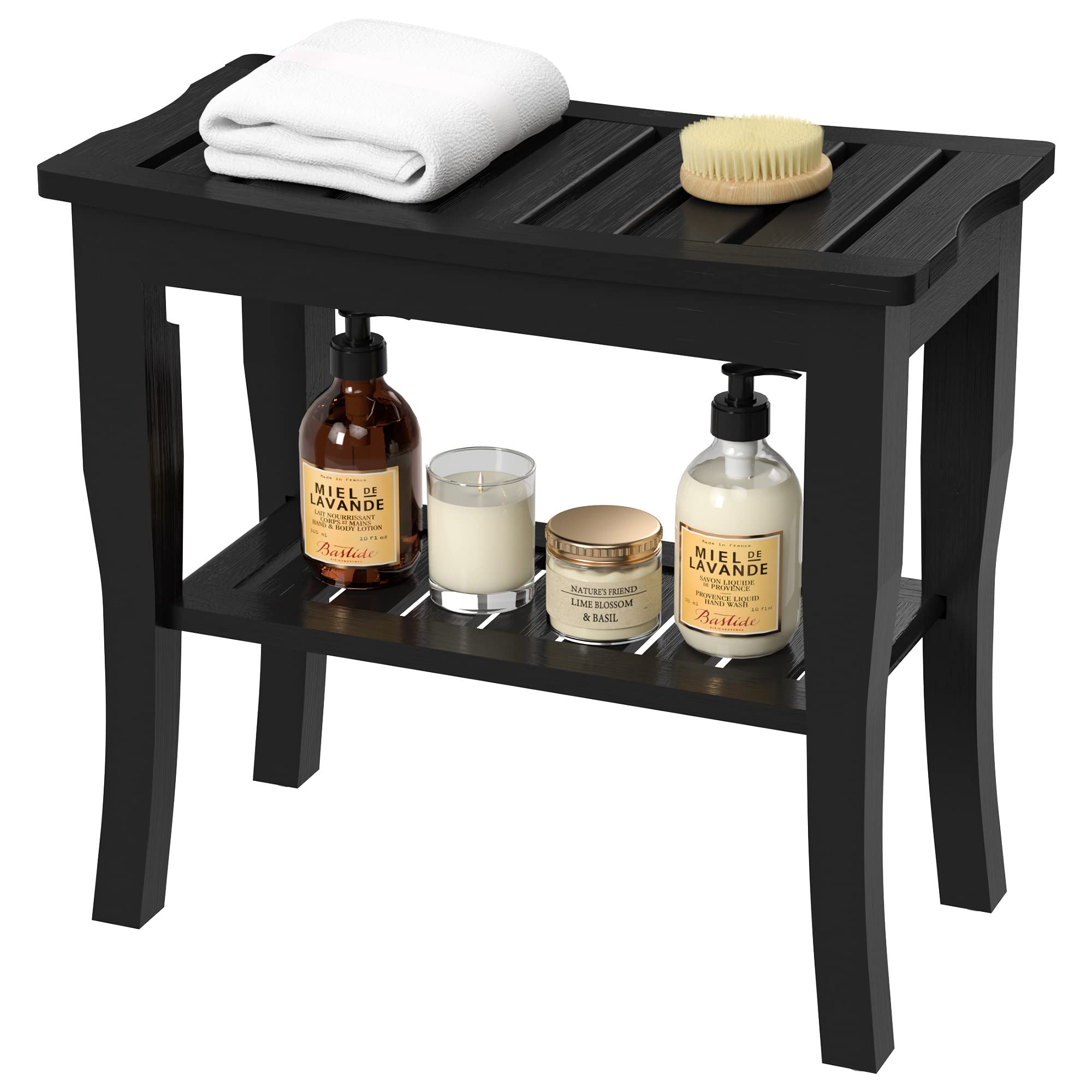Domax Bamboo Shower Benches for Inside Shower - Bathroom Bench Seat Waterproof Wooden Shower Stool with Storage Shelf for Adults Elderly Seniors Wood Shower Chair for Bathtub or Small Spaces, Black