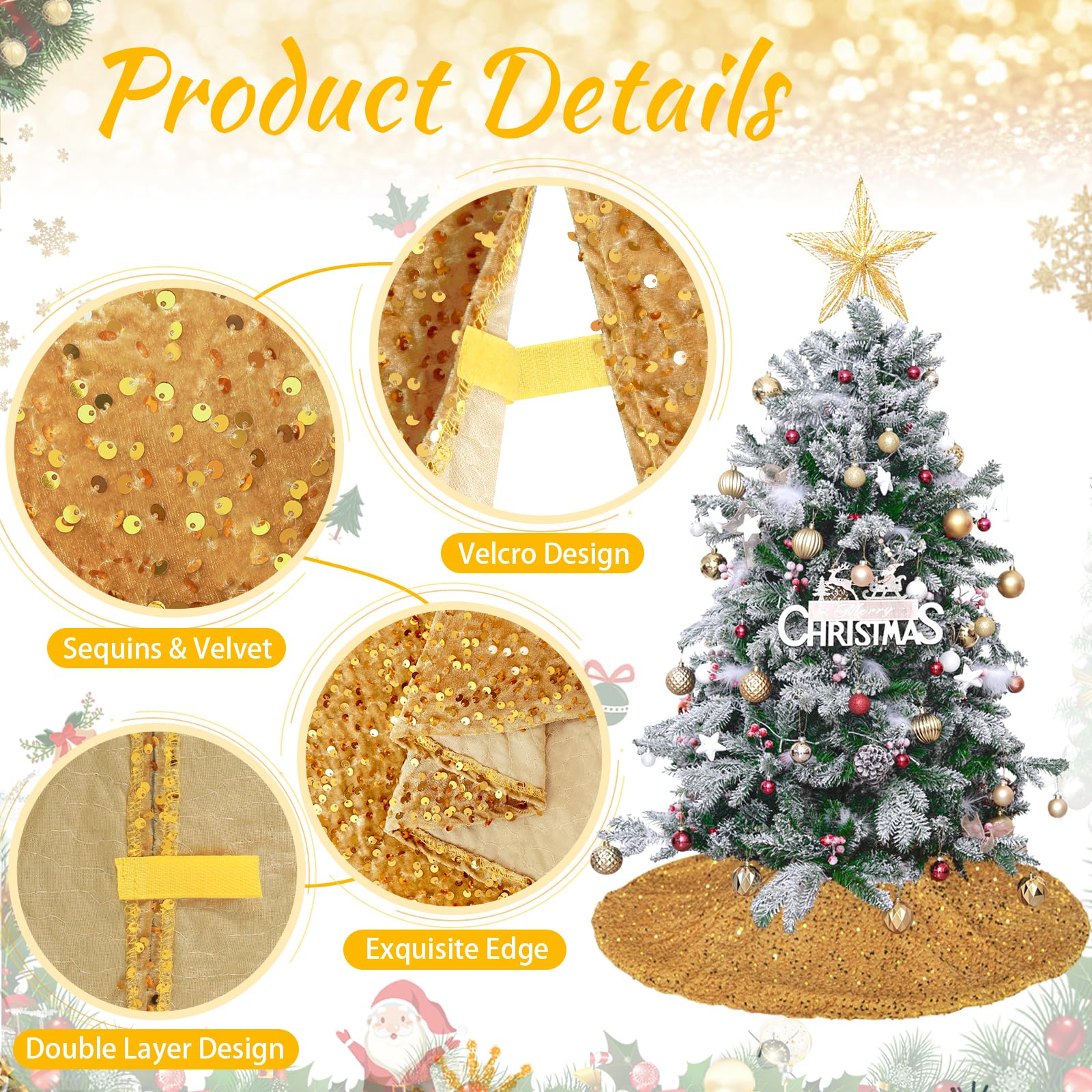 Champagne Gold Christmas Tree Skirt 24 Inches Velvet Sequin Tree Skirt Small Tree Skirt for Christmas Decorations