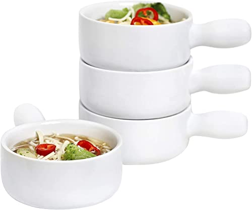 GOURMEX French Onion Soup Bowls with Handles | Stackable Ceramic Bowl Set | Ideal Cereal, Salad or Soup Mug | Microwave, Oven and Dishwasher Safe | Set of 4 (15 OZ)