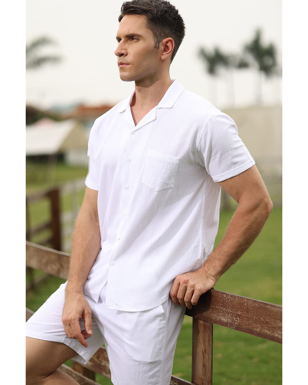 EndoraDore Men 2 Piece Linen Set Button Down Short Sleeve Shirt Summer Beach Shorts Holiday Top and Shorts Set White