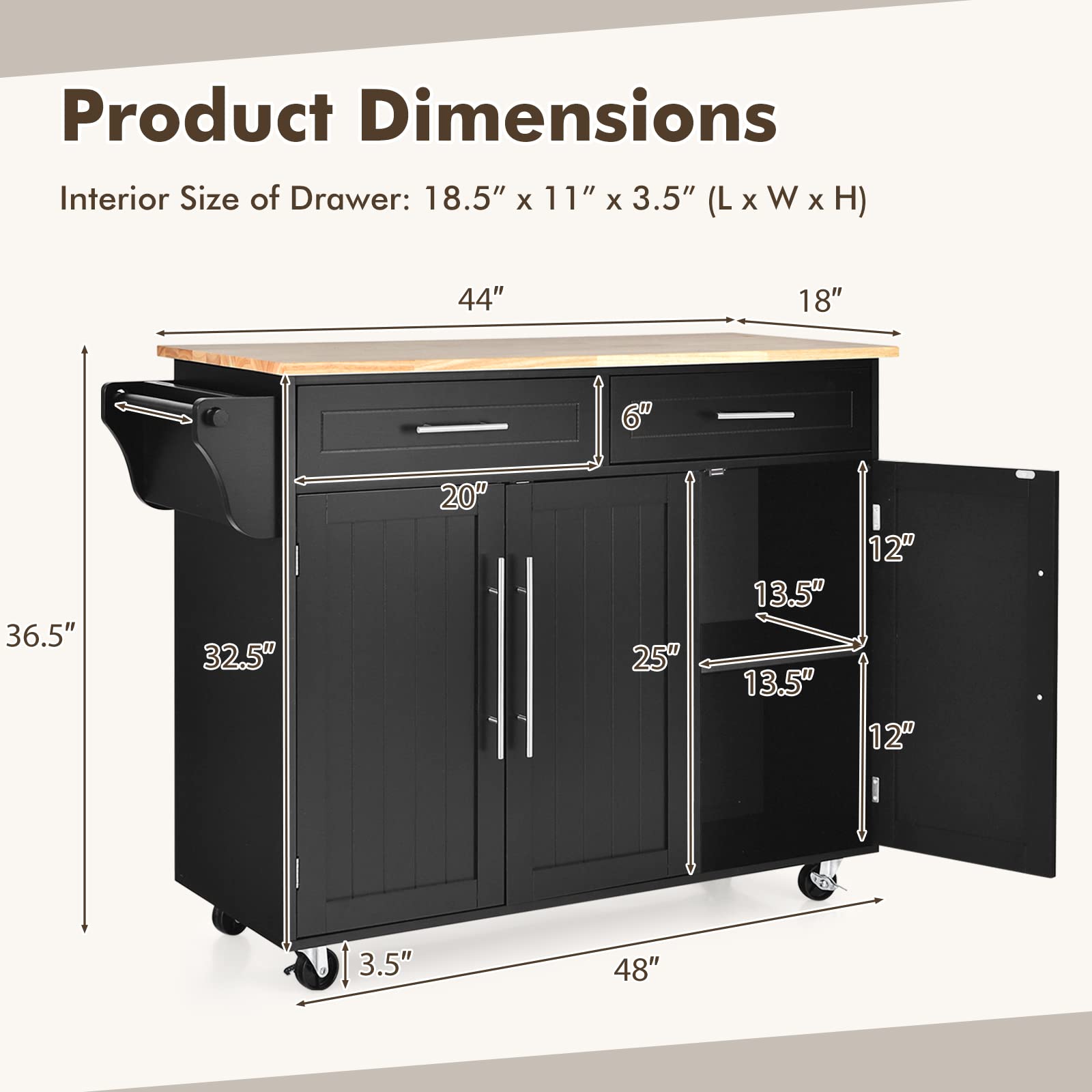 COSTWAY Mobile Kitchen Island Cart, Rolling Storage Trolley with Towel Bar, 2 Deep Drawers, 3 Door Cabinets, Swivel Casters, Rubber Wood Top, Ideal for Kitchen, Dining Room, Restaurant, Cafe (Coffee)